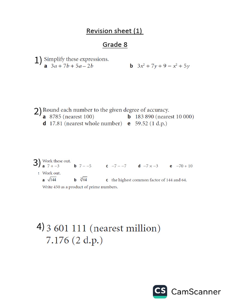 Grade 8 Revision Sheet | PDF
