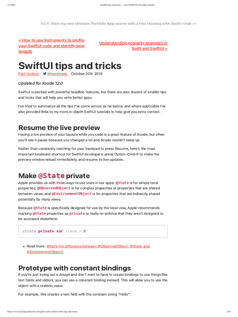 Lec05 SwiftUI Tips and Tricks - A Free SwiftUI by Example Tutorial | PDF | Swift (Programming ...