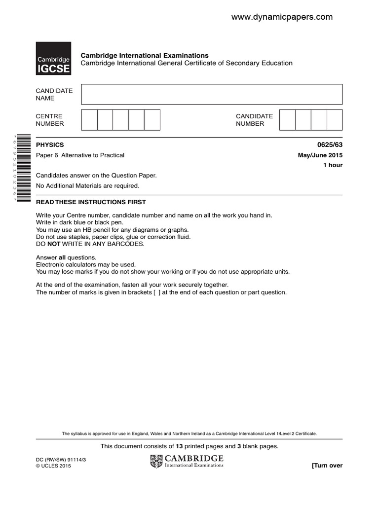 Cambridge IGCSE Physics Paper 6 Exam | PDF