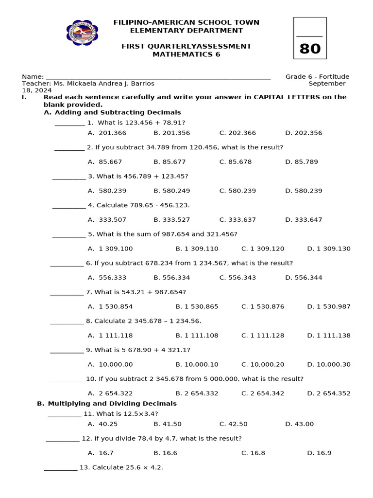 Grade 6 Math Quarterly Assessment | PDF | Numbers | Mathematics