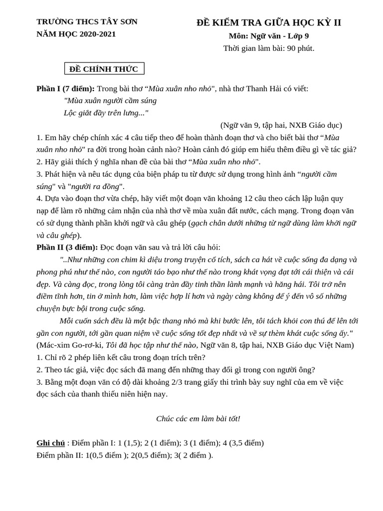 ĐỀ GIỮA KÌ 2-TÂY SƠN-K2 MXNN-2021 | PDF