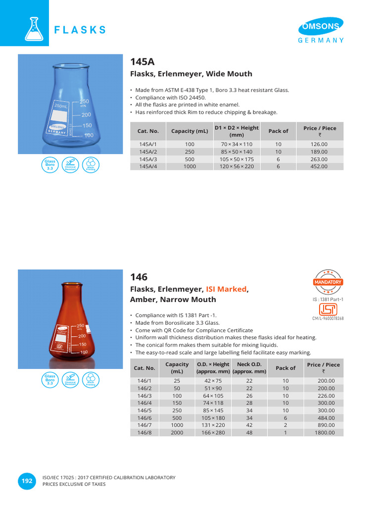 Flasks, Erlenmeyer, IsI Marked, Amber, Narrow Mouth | PDF | Glasses | Materials
