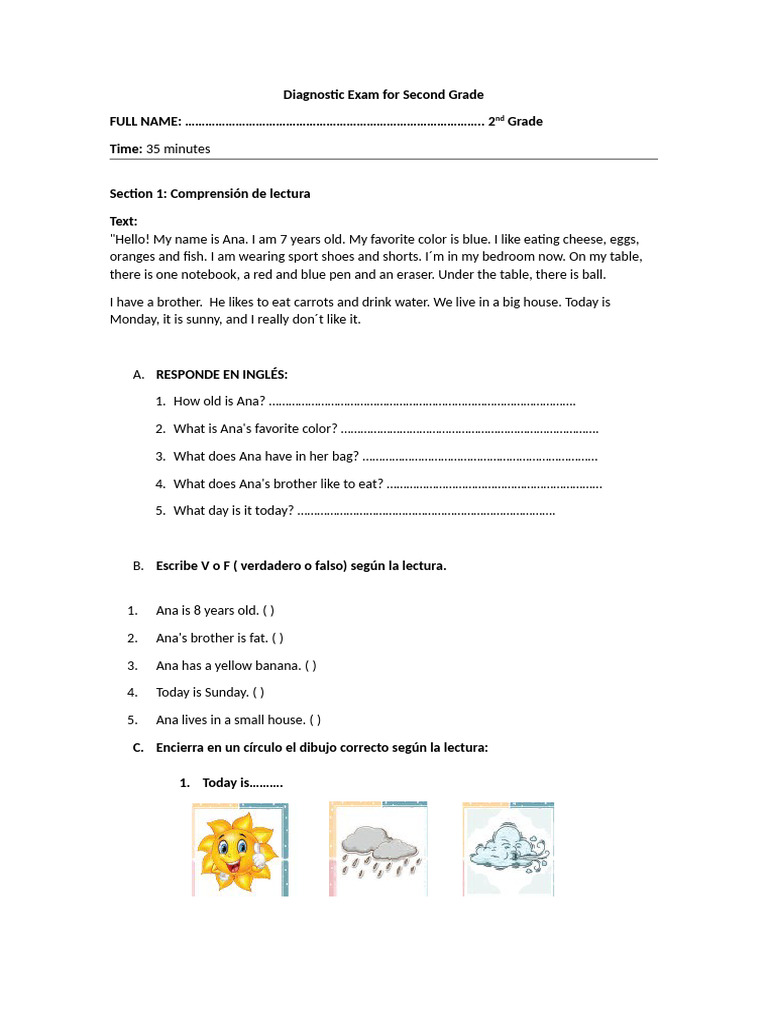 Second Grade Diagnostic Exam Example | PDF
