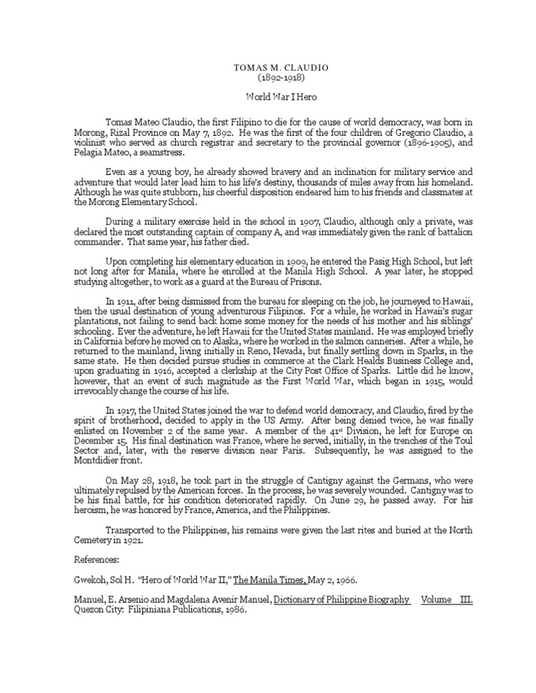 Tomas Claudio: First Filipino WWI Hero | PDF | Battles | World War I