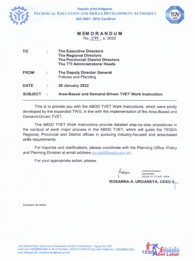 Memorandum No. 044-2022 Work Instructions on Area-Based Demand Driven ...