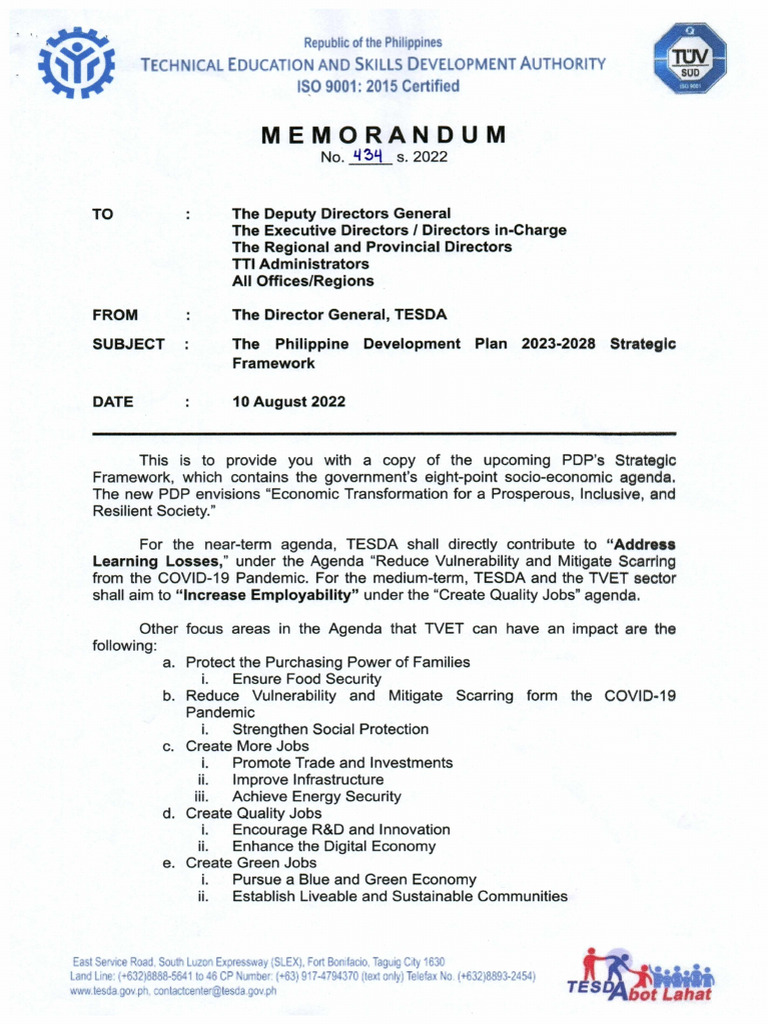 Memorandum No 434 2022 Philippine Development Plan 2023 2028 Strategic Framework Pdf