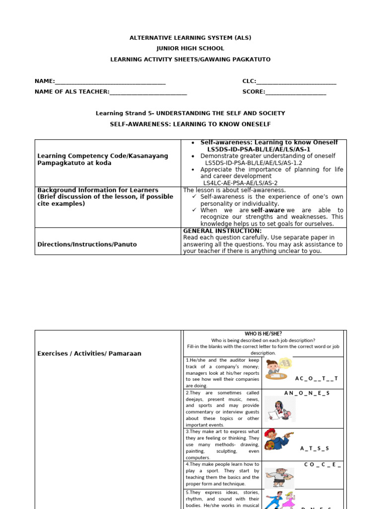 ALS Junior High Self-Awareness Activities | PDF | Learning | Cognition