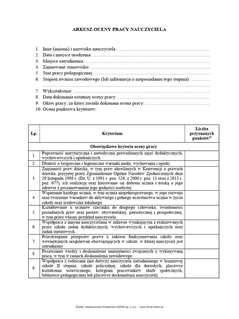 Arkusz Oceny Pracy Nauczyciela | PDF