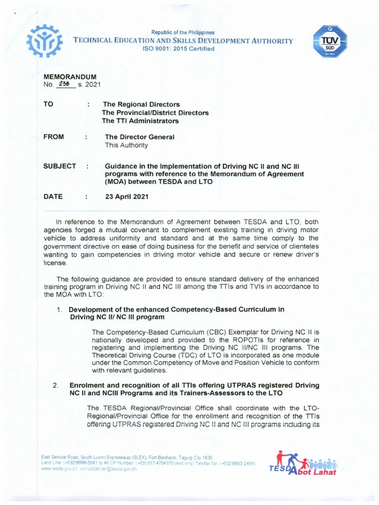 Memo 238 S. 2021 Guidance in The Implementation of LTO TESDA MOA | PDF