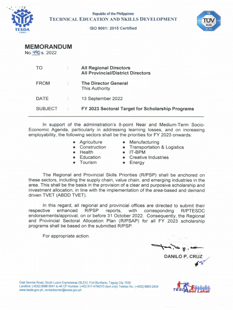 Memo 490 s. 2022 FY 2023 Sectoral Target for scholarship programs | PDF | Economies