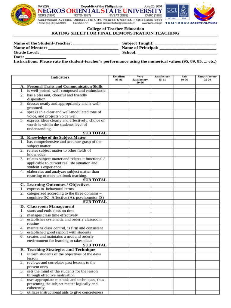 Final Teaching Demonstration Rating Sheet | PDF | Critical Thinking ...