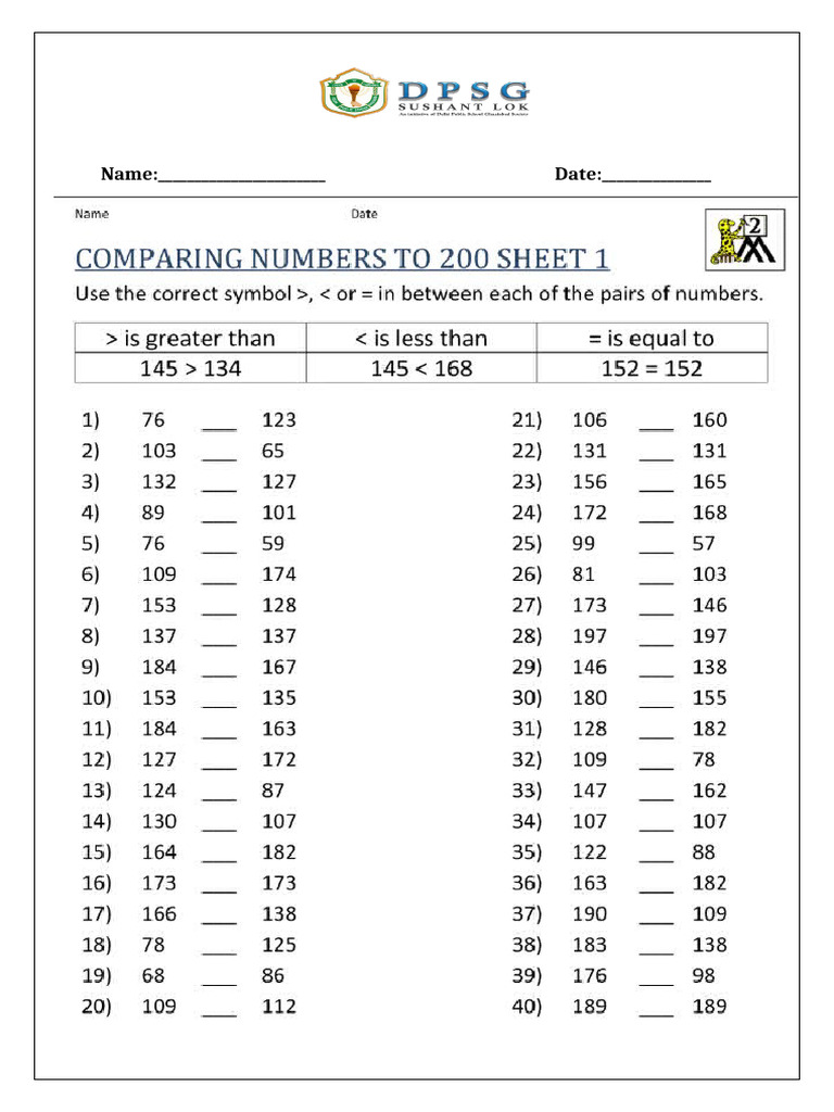 Maths Assignment Comparison of Numbers 101 To 200 | PDF