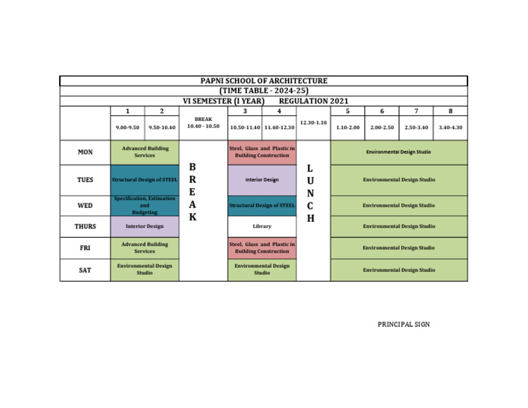 Papni School of Architecture Timetable 2024-25 | PDF