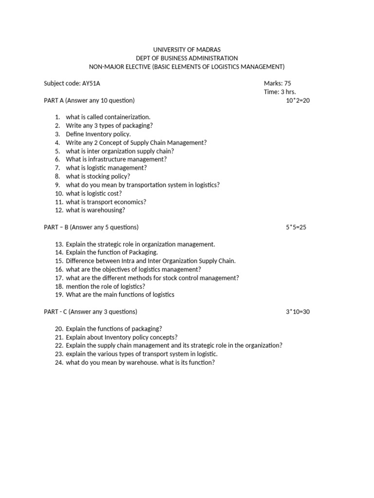 Logistic MGT Question Paper | PDF