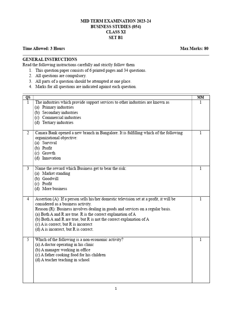 11-Business Studies-B1-MID-TERM 2023-24 | PDF | Banks | Online Banking