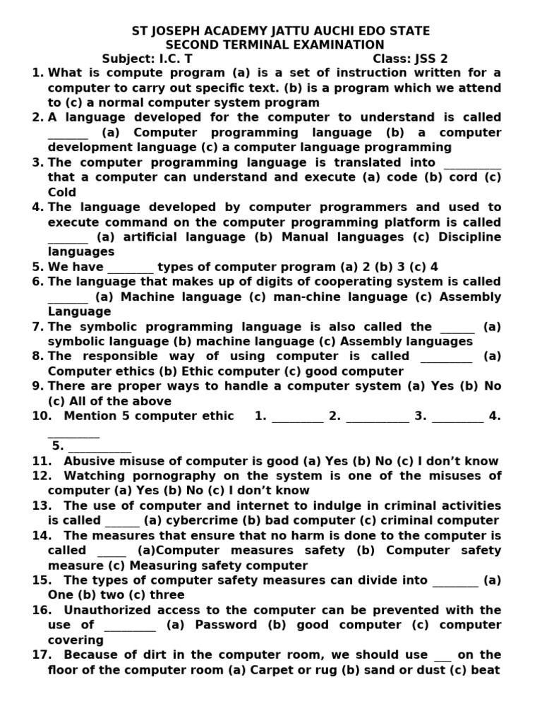 St Joseph Academy Jss 2 Ict | PDF | Computer Programming | Computer Hardware