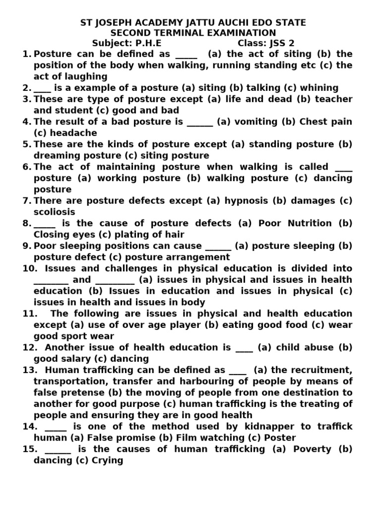 ST Joseph Academy JSS 2 Phe | PDF | Human Trafficking | Recreation