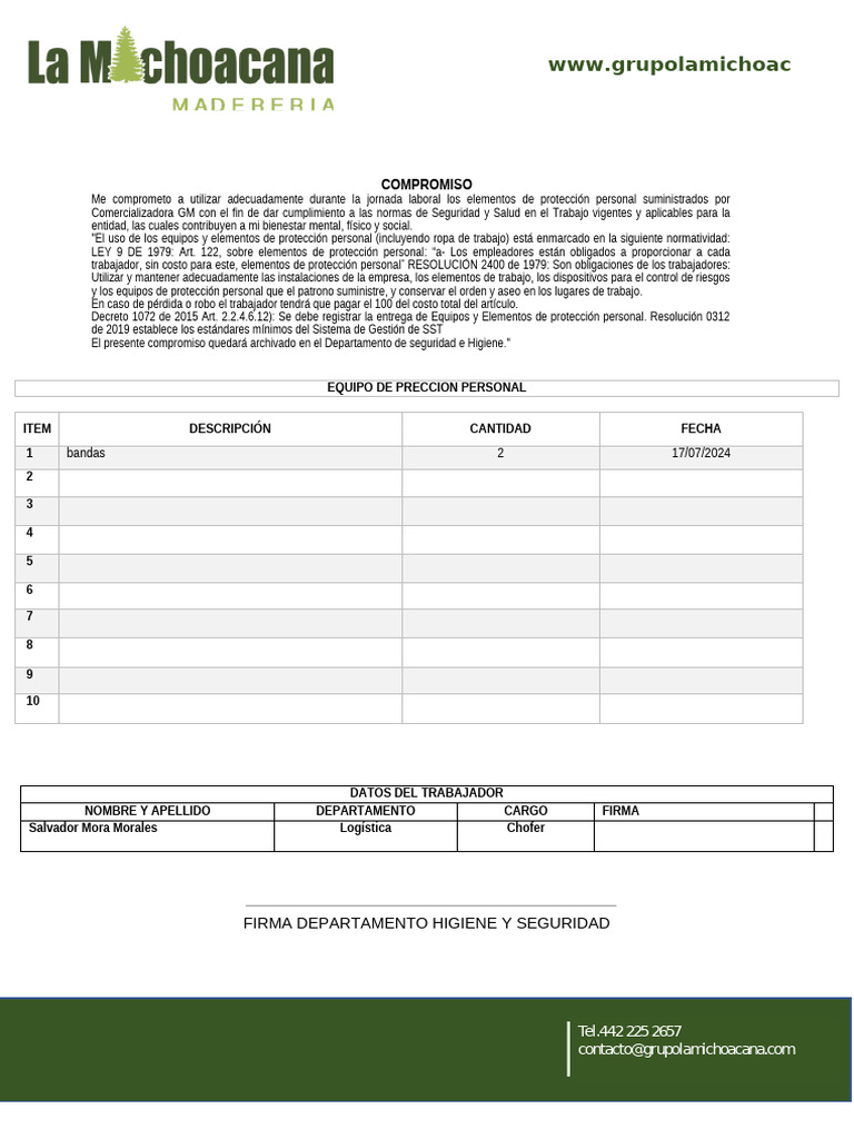 Carta Obligaciones Uso de EPP | PDF