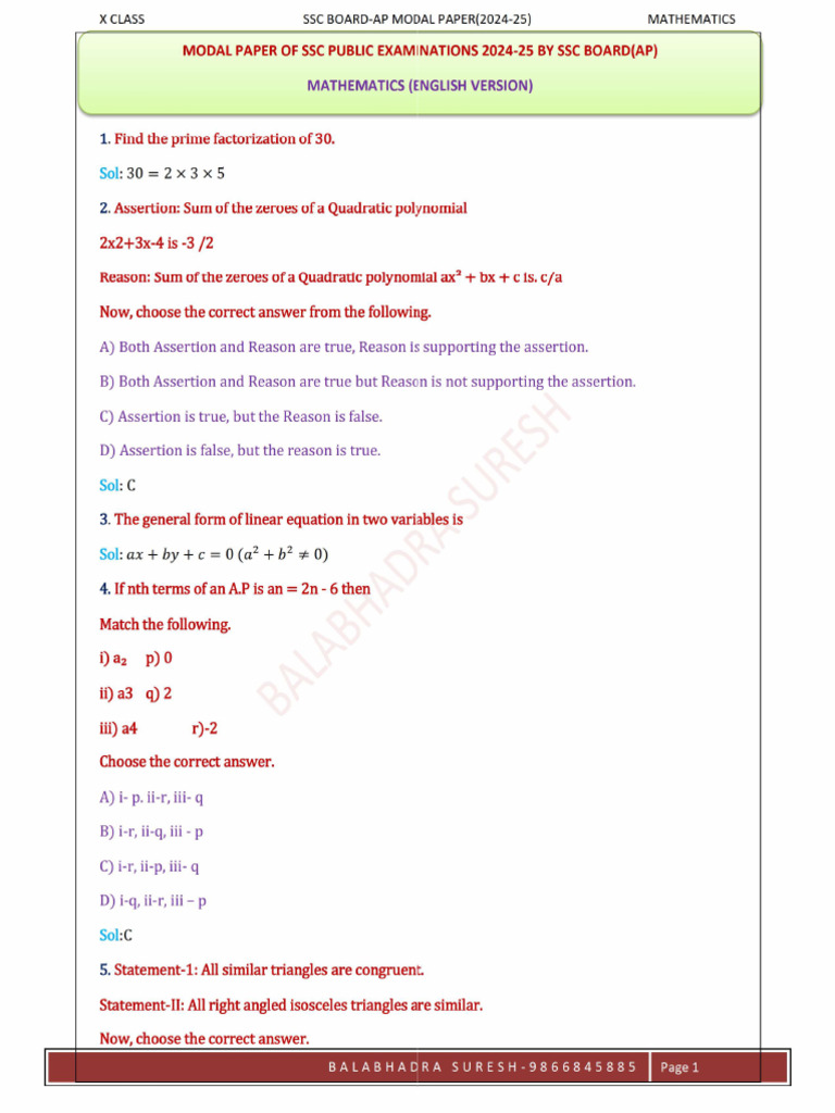 Chaduvu - 10 - MAT - SSC BOARD Model Paper Key by Suresh Sir | PDF