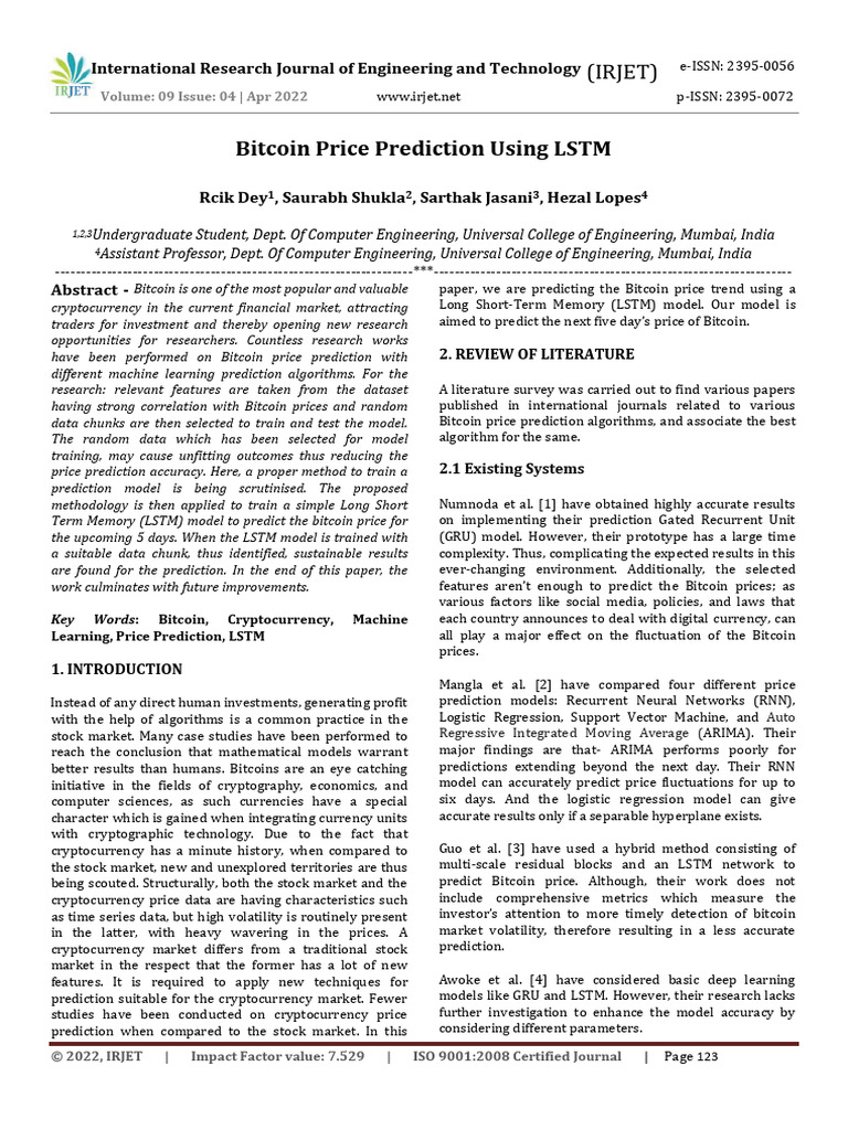 Bitcoin Price Prediction Using LSTM | PDF | Cryptocurrency | Prediction