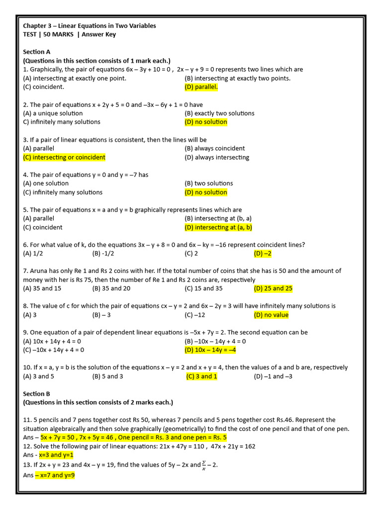 X Ch 3 50m Answer key | PDF | Equations | Algebra