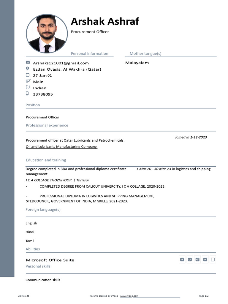 Procurement Officer Resume - Arshak Ashraf | PDF | Customer ...