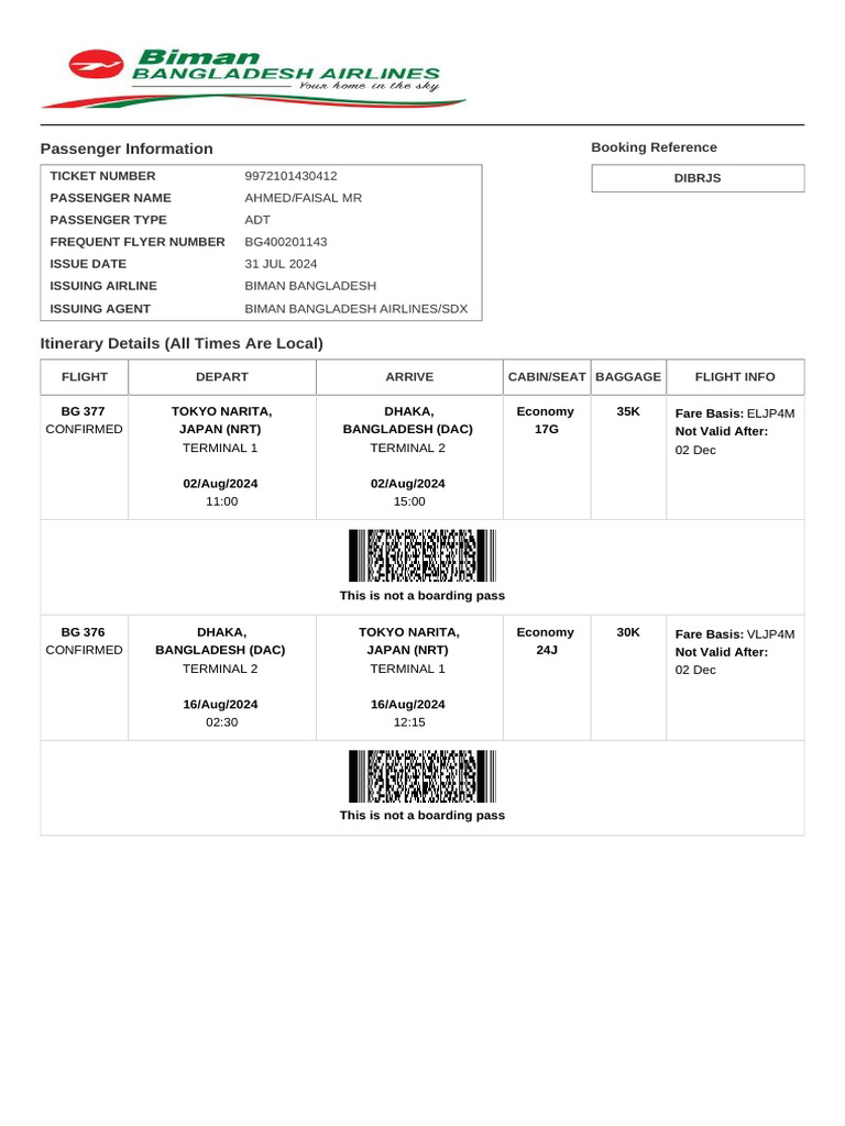 Biman Bangladesh Flight Itinerary Details | PDF | Credit Card | Debit Card