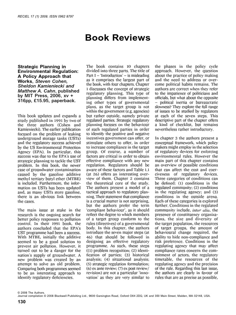 Cohen - Environmental Regulation | PDF | Policy | Regulatory Compliance