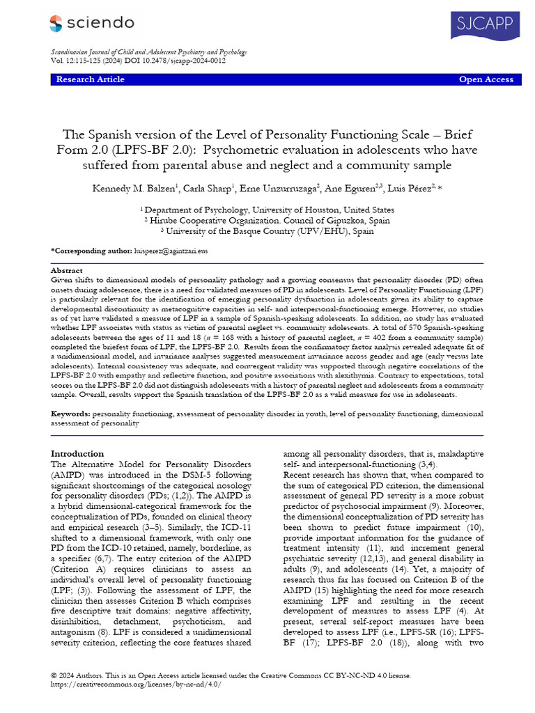 The Spanish Version of the Level of Personality Functioning Scale Brief ...