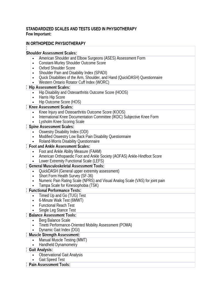 Few Important Standardized Scales and Tests Used in Physiotherapy | PDF ...