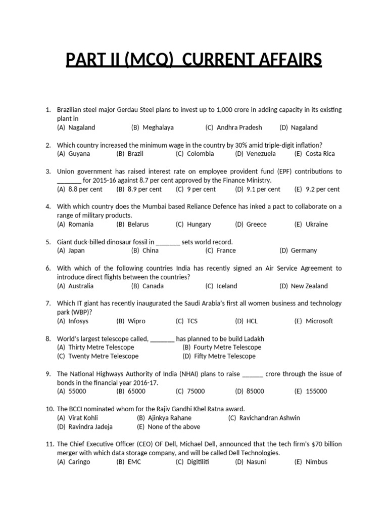 Current Affairs MCQ Quiz 2016 | PDF
