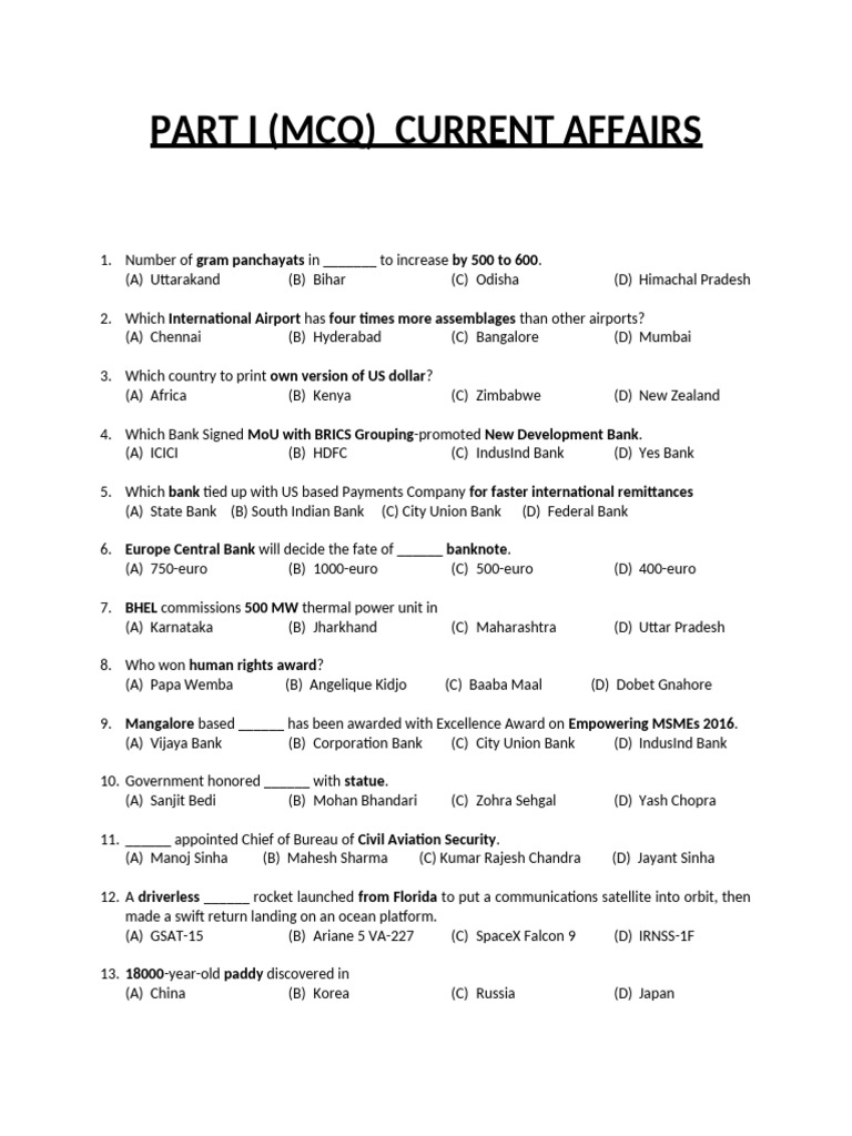 part 1 mcq current affiars | PDF