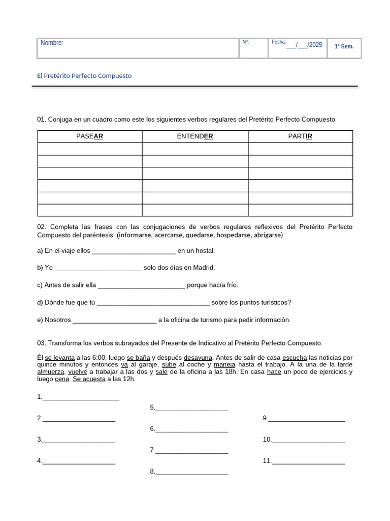 Ejercicios de Pretérito Perfecto Compuesto | PDF