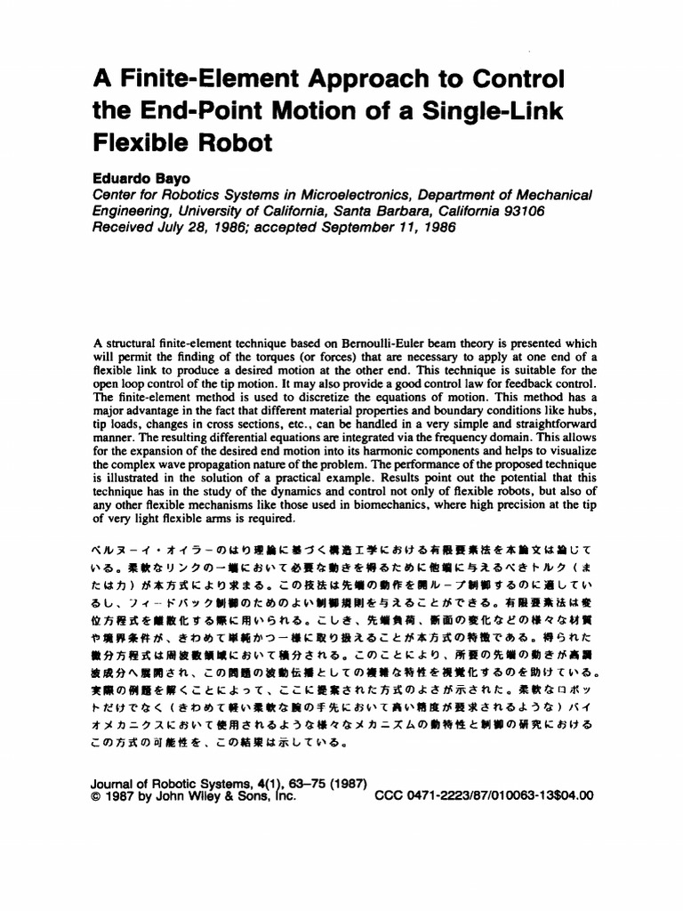 Journal of Robotic Systems - February 1987 - Bayo - A Finite Element Approach To Control The End ...