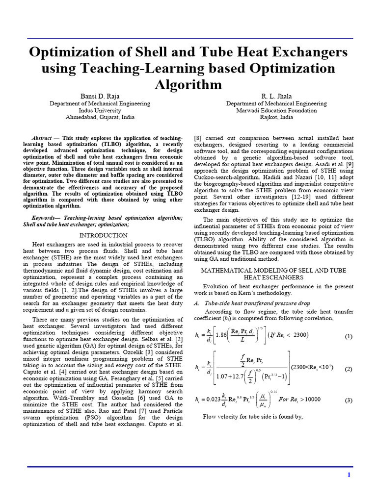 Optimization of Shell and Tube Heat Exchangers Using Teaching Learning Based Optimization ...