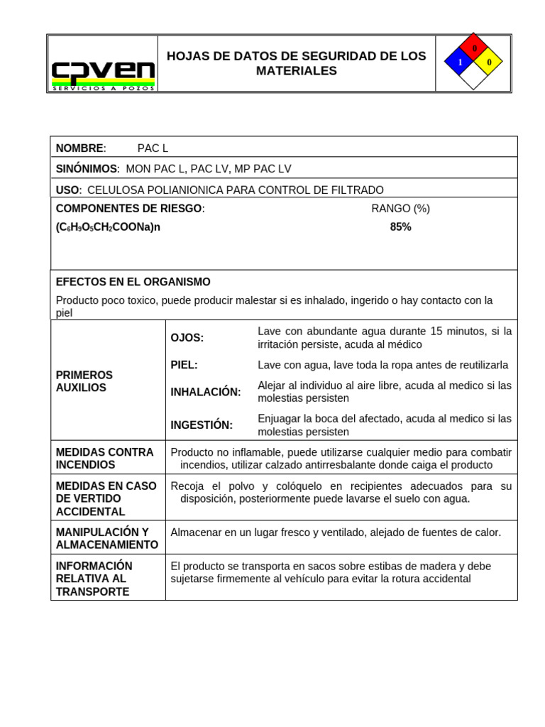 Seguridad del PAC L en Manipulación | PDF | Agua