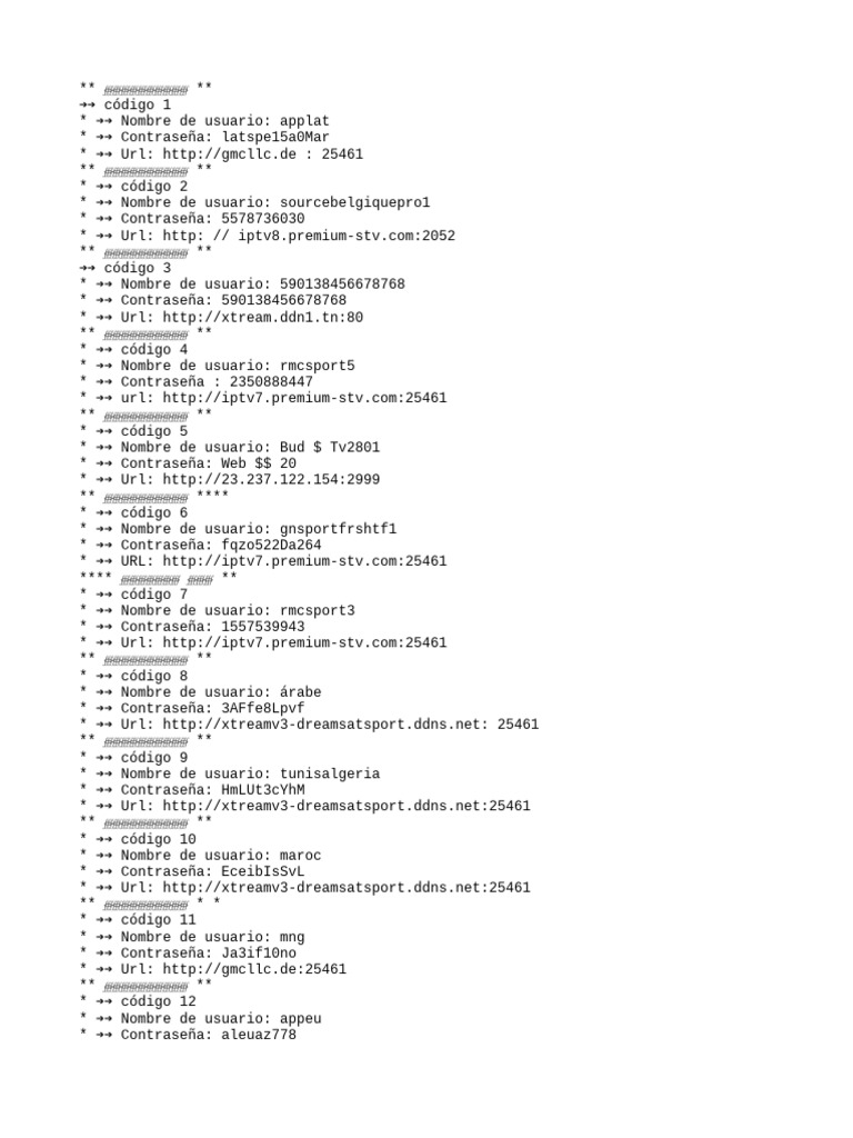 Pdfcoffee.com Codigos Iptv Smarters Pro (2) | PDF | Contraseña | Prevención del crimen