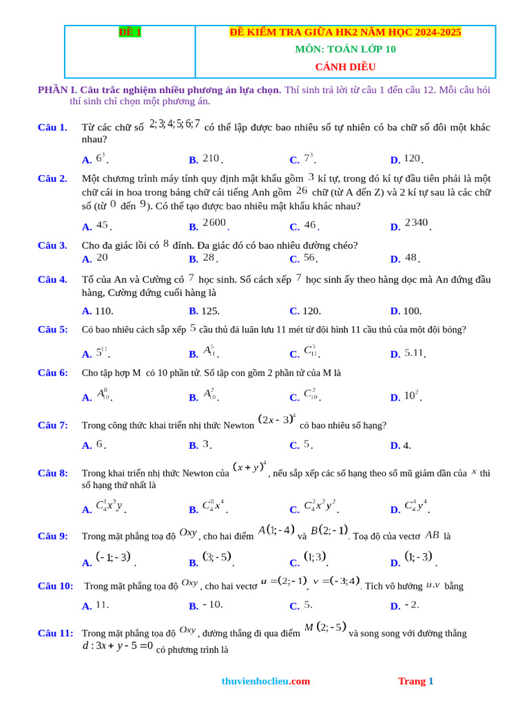 Thuvienhoclieu.com Bo 10 de Kiem Tra Giua HK2 Toan 10 Canh Dieu CTM 24 25 | PDF