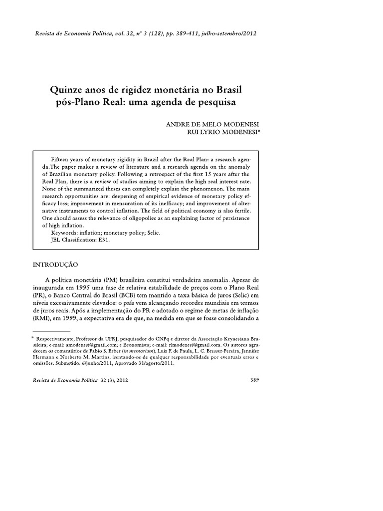 Modenesi Modenesi - Quinze Anos de Rigidez Monetária No Brasil (2012) | PDF