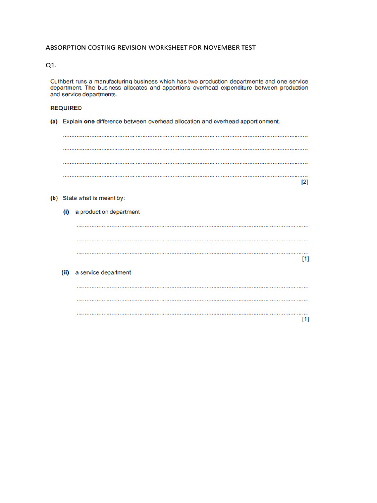 Absorption Costing Revision Worksheet For November Test | PDF