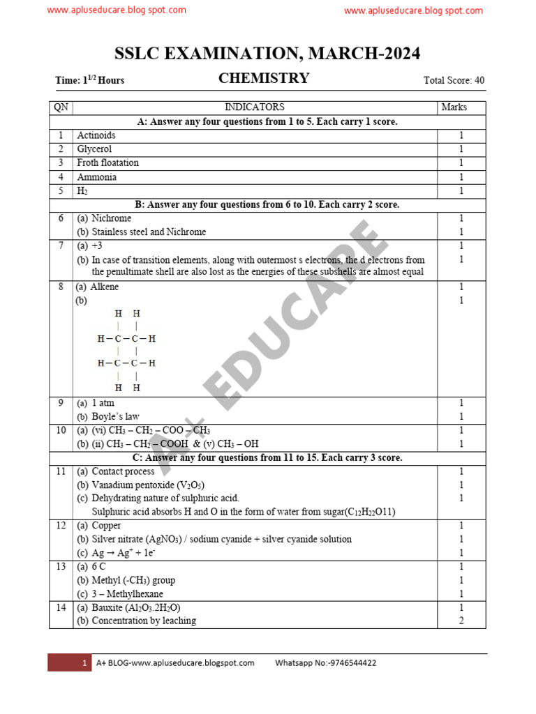 SSLC Chemistry Exam Questions 2024 | PDF | Silver | Chemical Elements