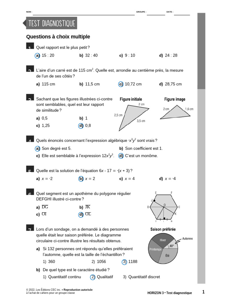 Correction Test Diagnostique Mathématiques | PDF