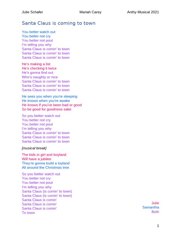 Santa Claus is Coming to Town Lyrics | PDF