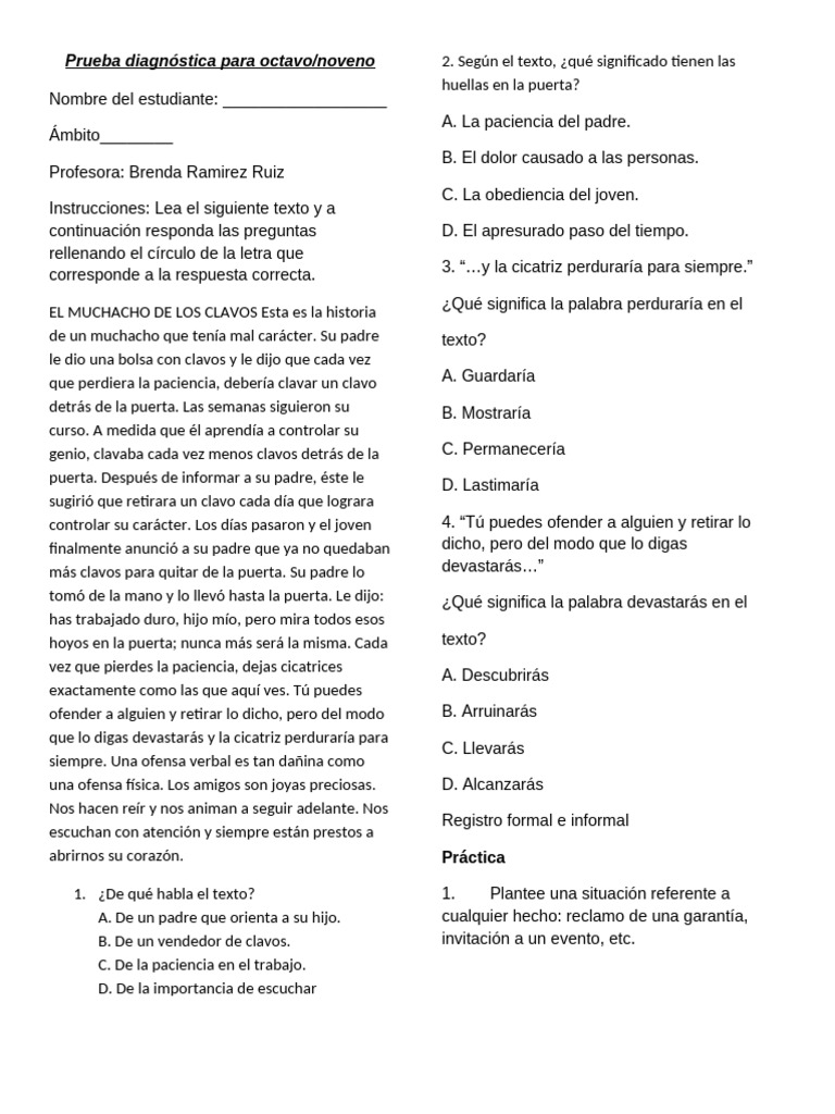 Prueba Diagnóstica para Octavo | PDF