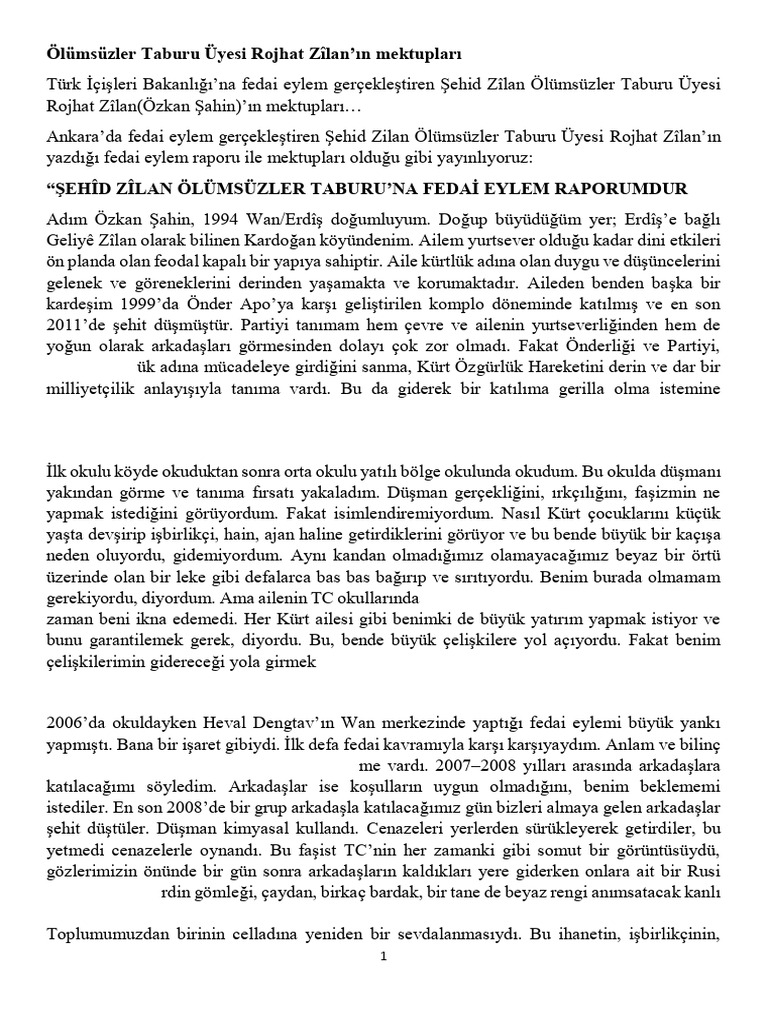 Rojhat Zîlan Nameya Fedaî Tirkî 2 | PDF