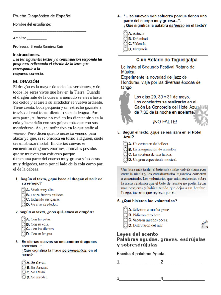 Prueba Diagnóstica de Español | PDF