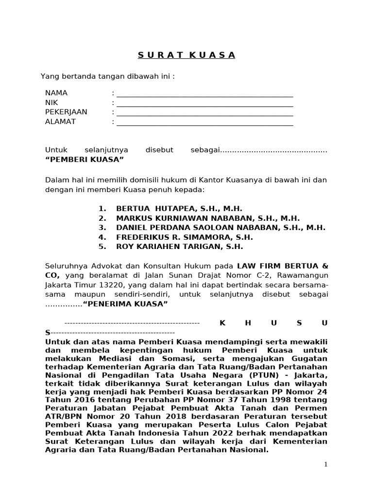 Surat Kuasa Untuk Perorangan Forum 1801 | PDF