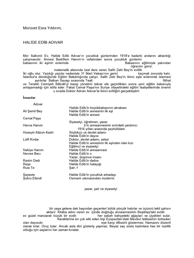 Halide Edib Adivar Mor Salkimli Ev | PDF
