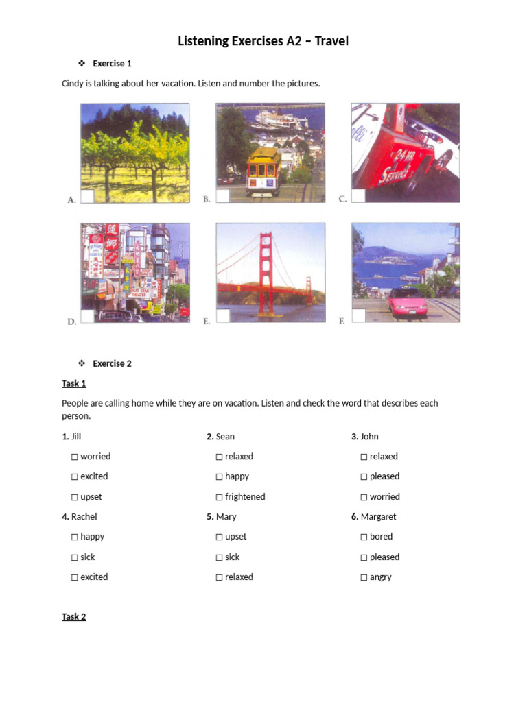 A2 Listening Exercises: Travel Themes | PDF