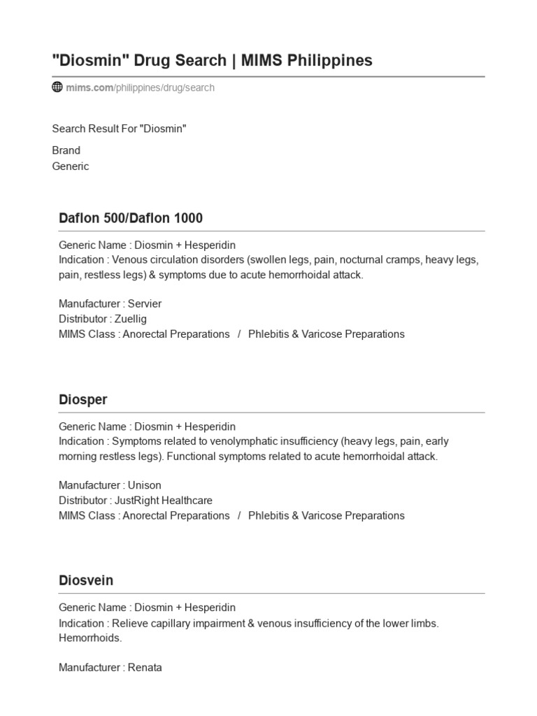 Diosmin_ Drug Search _ MIMS Philippines | PDF | Varicose Veins | Hemorrhoid